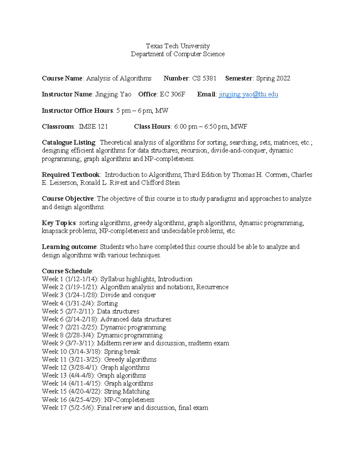 CS 3364 Syllabus Spring 2022 - Texas Tech University Department of Computer Science Course Name ...