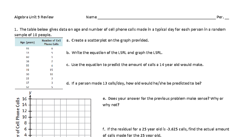 Algebra Unit 9 Review: Cell Phone Calls & Age Data Analysis - Studocu