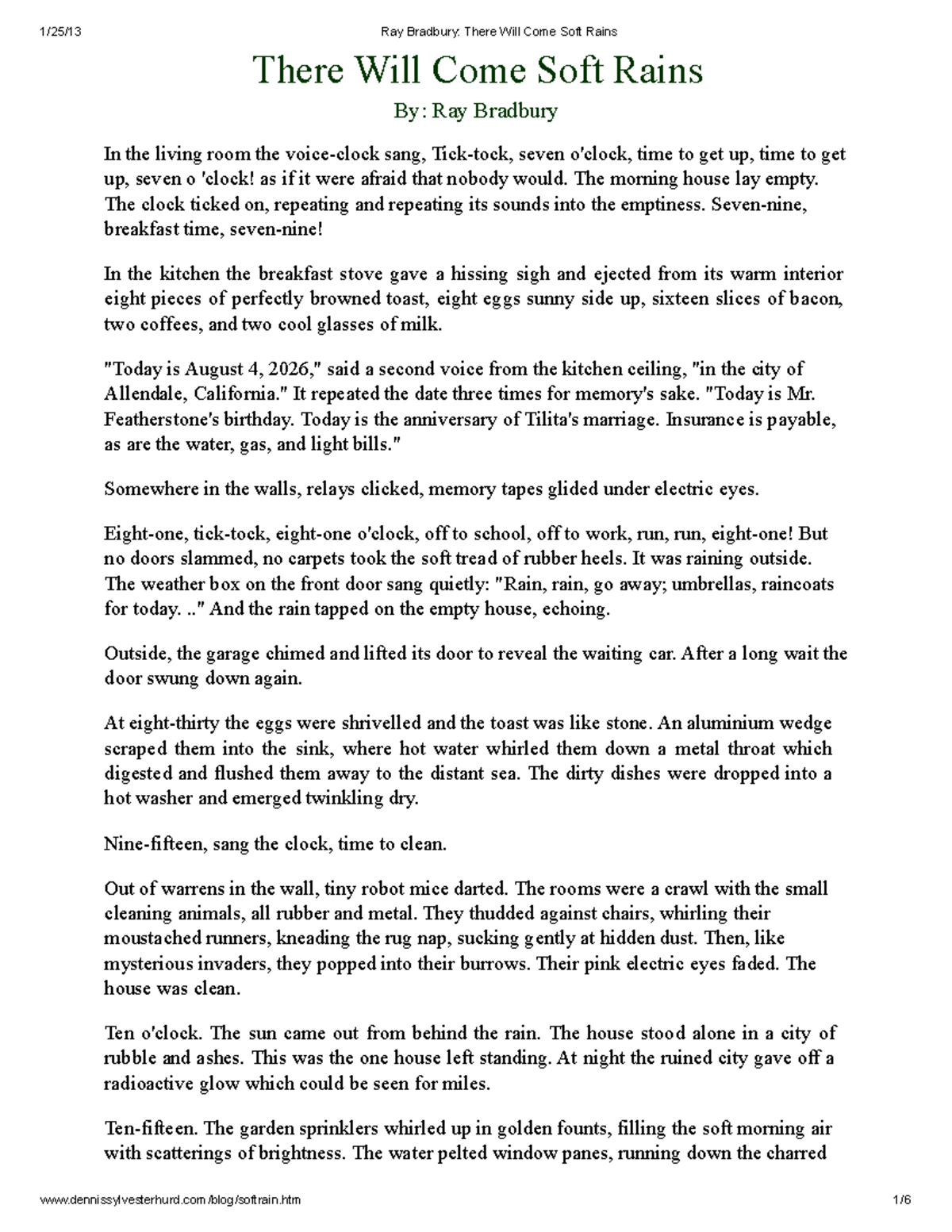 Ray Bradbury's "There Will Come Soft Rains" Analysis and Overview - Studocu