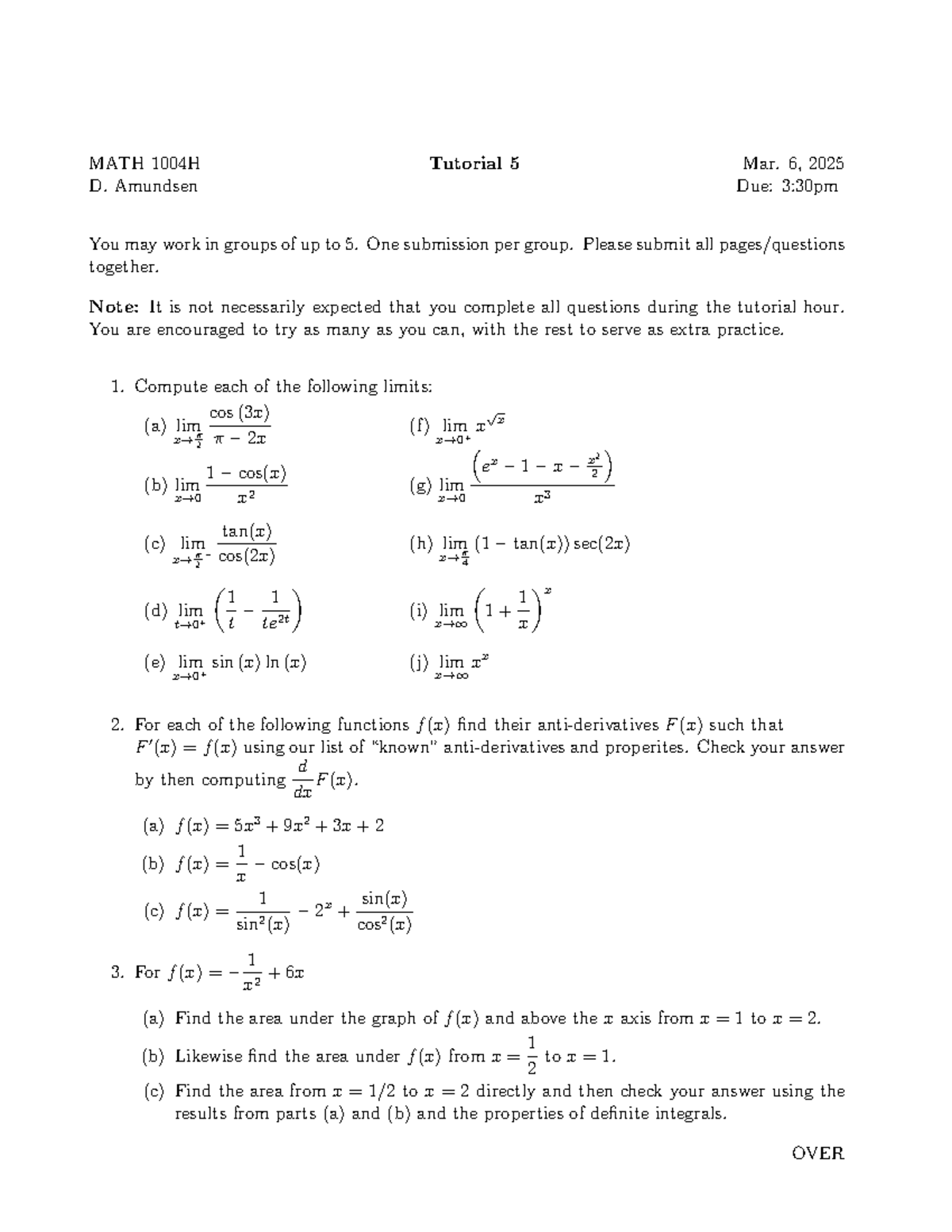 Tutorial 5 (Questions) (1) - MATH 1004H Tutorial 5 Mar. 6, 2025 D ...