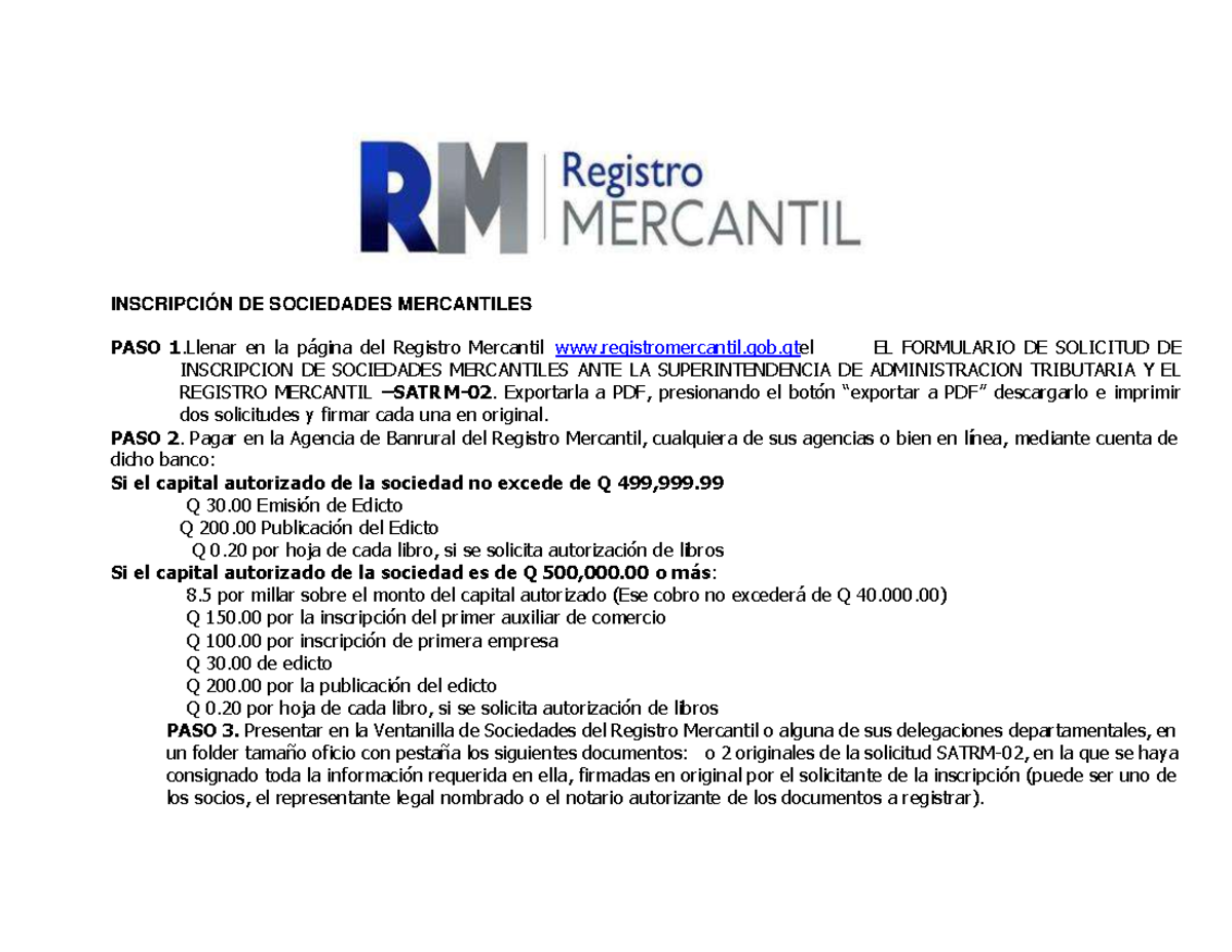 Requisitos de Inscripción de Sociedades Mercantiles - SATRM-02 - Studocu