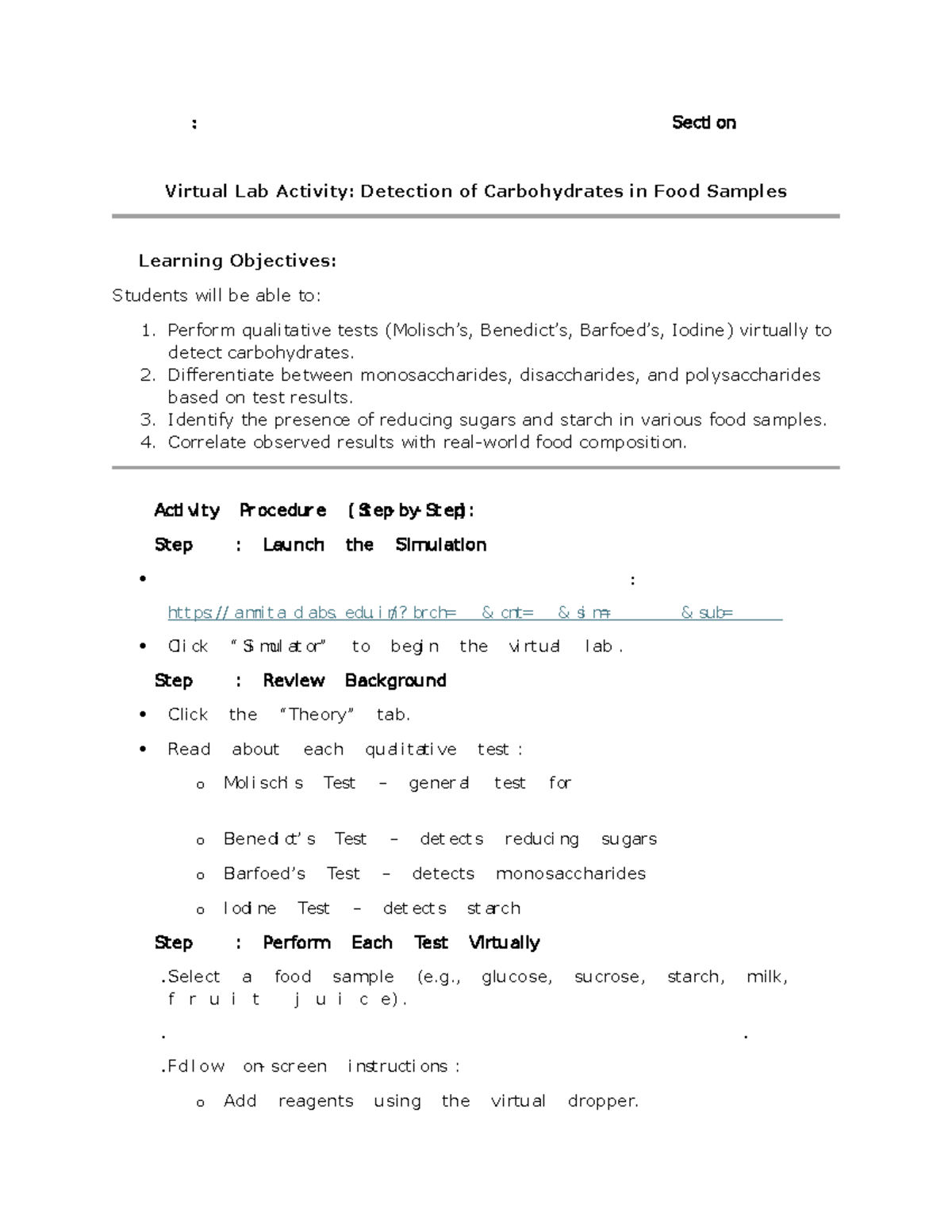Virtual Lab Activity: Detection of Carbohydrates in Food Samples - Studocu
