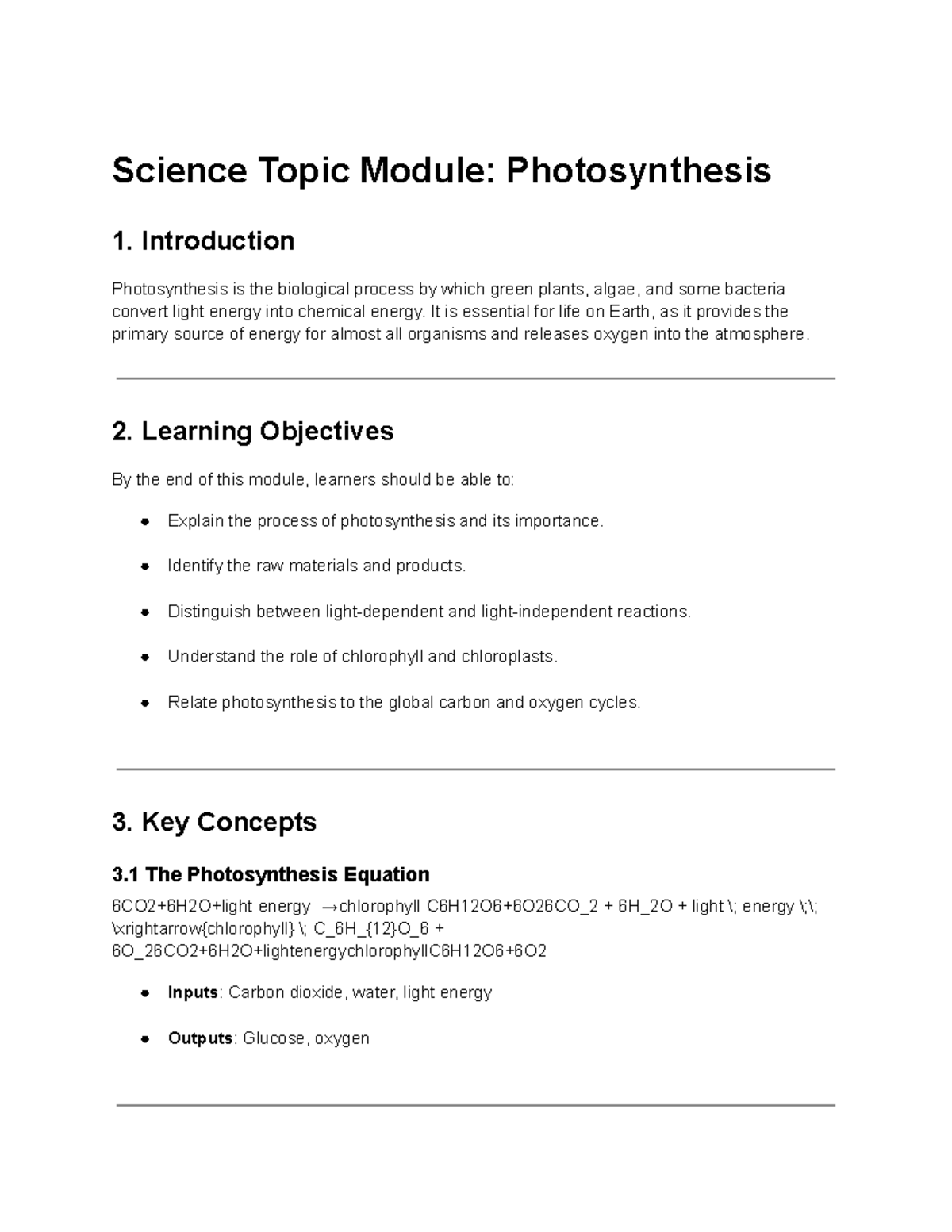Science Topic Module: Photosynthesis Overview and Key Concepts - Studocu