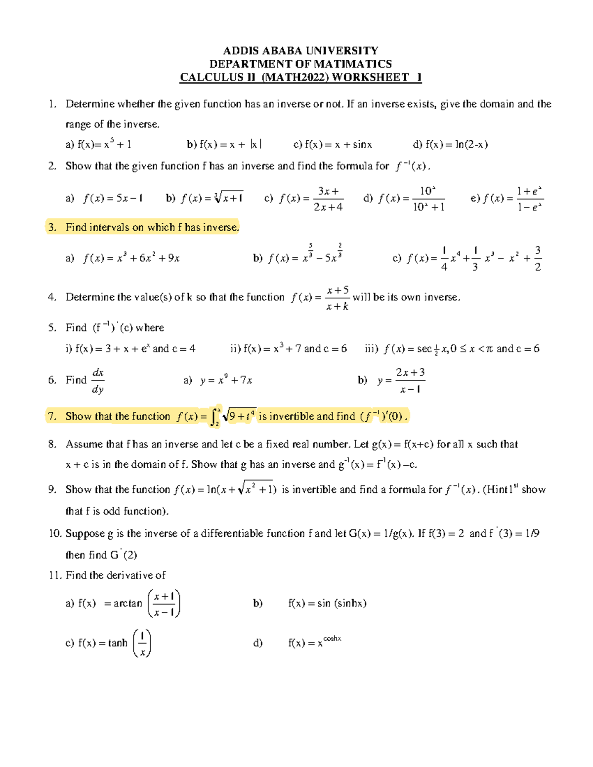 Math 2022 - Calculus II Worksheet I: Inverses and Derivatives - Studocu