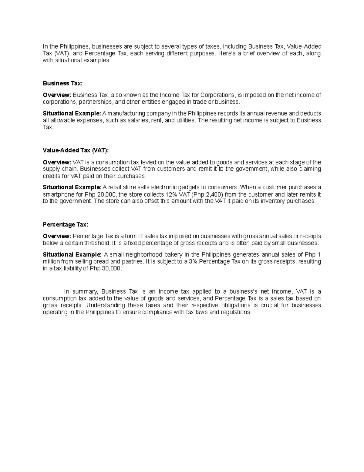 Business Tax, VAT & Percentage Tax Overview in the Philippines - Studocu