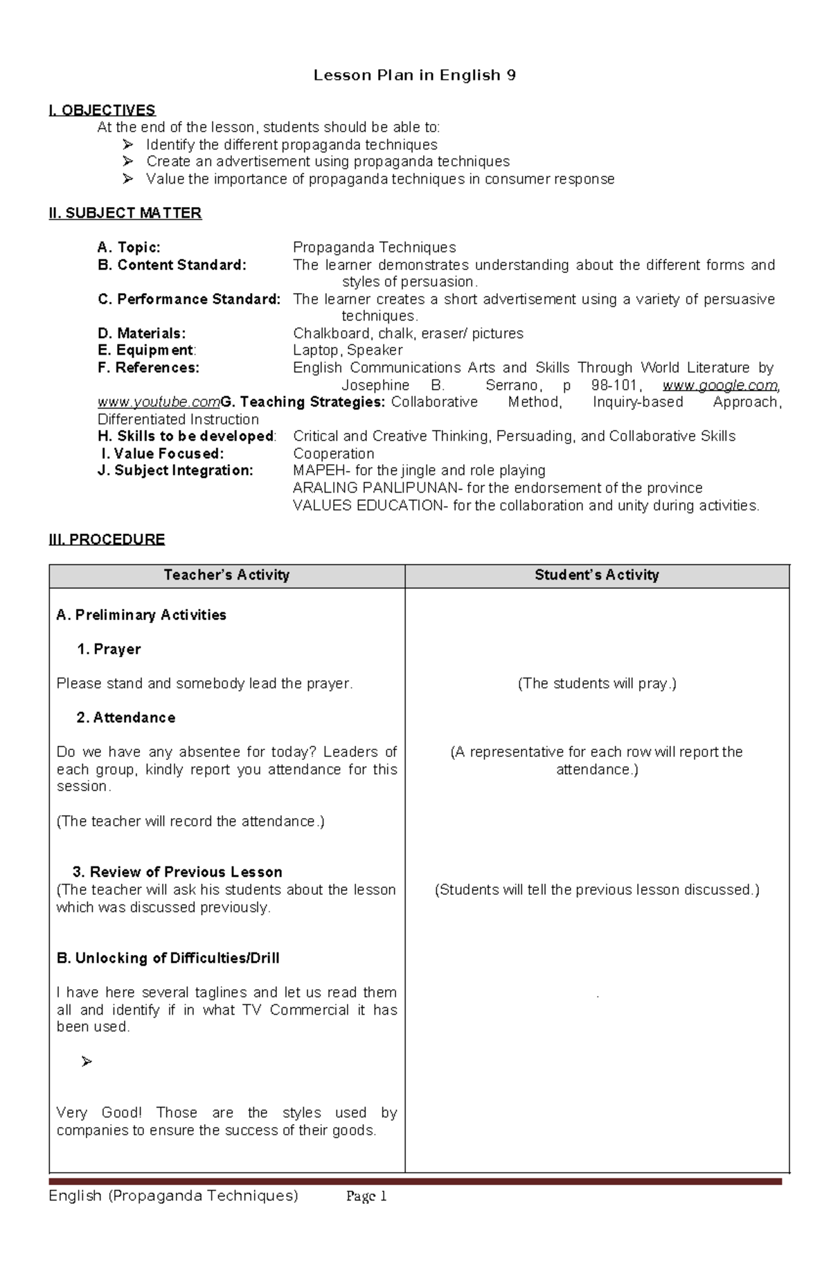 English 9 Lesson Plan: Exploring Propaganda Techniques - Studocu