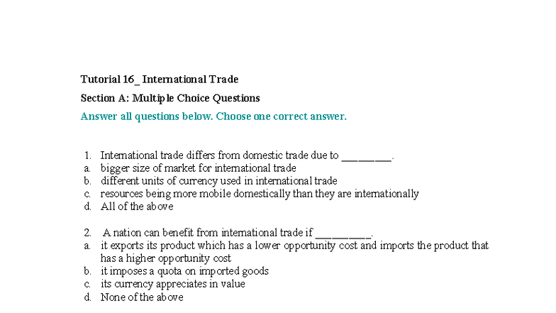 Tutorial 16: International Trade - MCQs & Short Answer Guide - Studocu