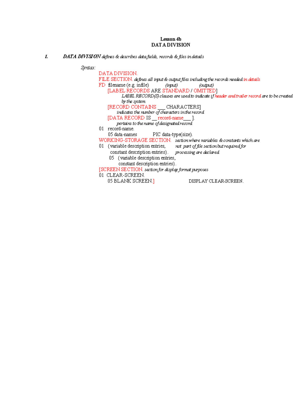 Lesson 4b: Data Division in COBOL Programming - Studocu