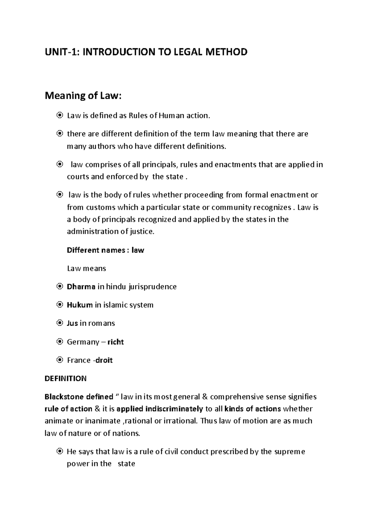 Legal Method: UNIT-1 Notes on Law's Meaning and Functions - Studocu