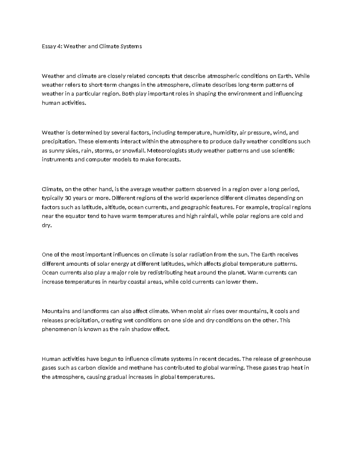 Essay 4: Understanding Weather and Climate Systems - Studocu