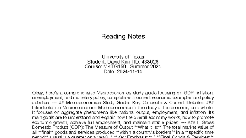 MKTG150 Summer 2024: Macroeconomics Study Guide on GDP & Inflation ...