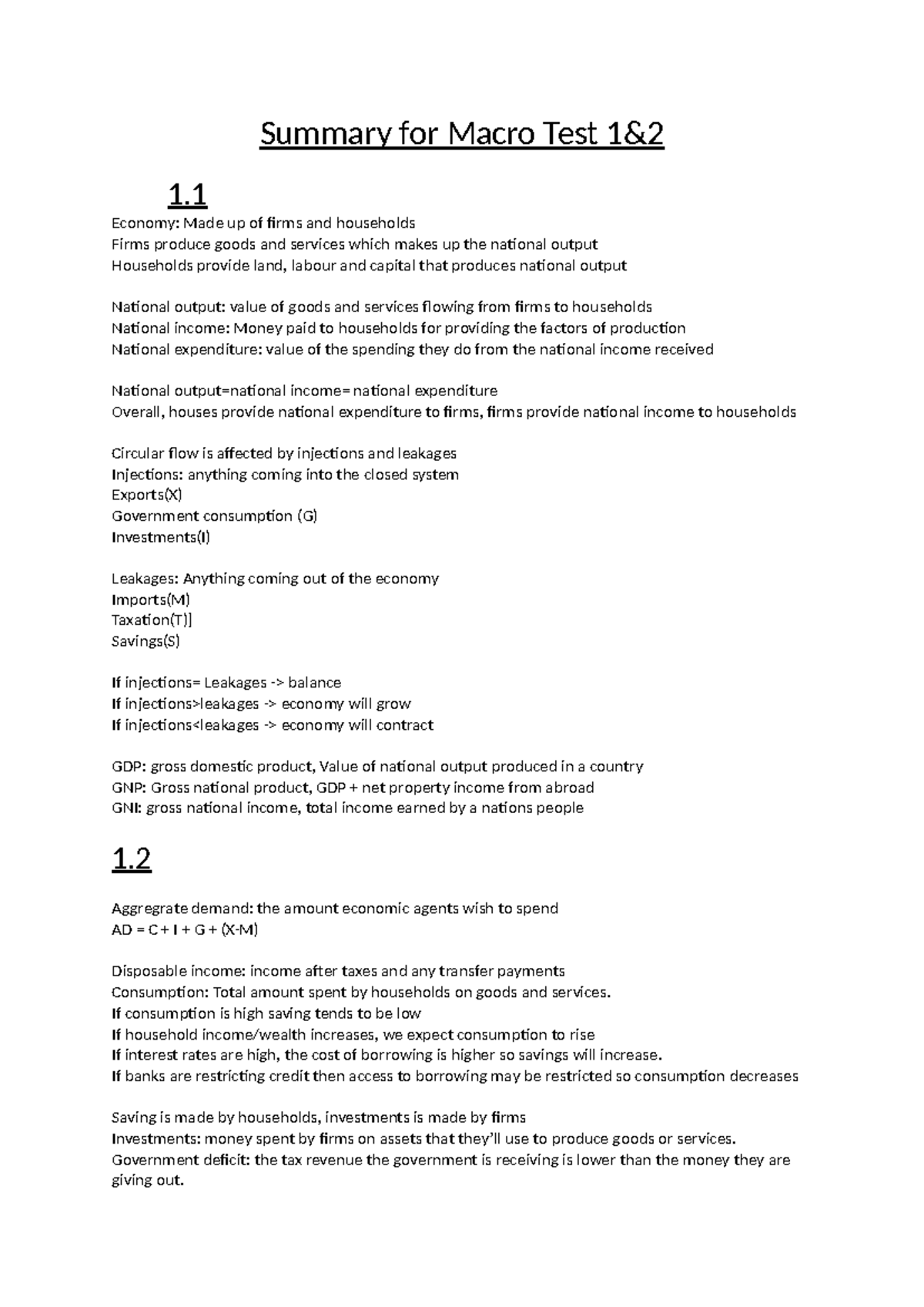 Macro Test 1 Summary: Key Concepts in Economy and Employment - Studocu