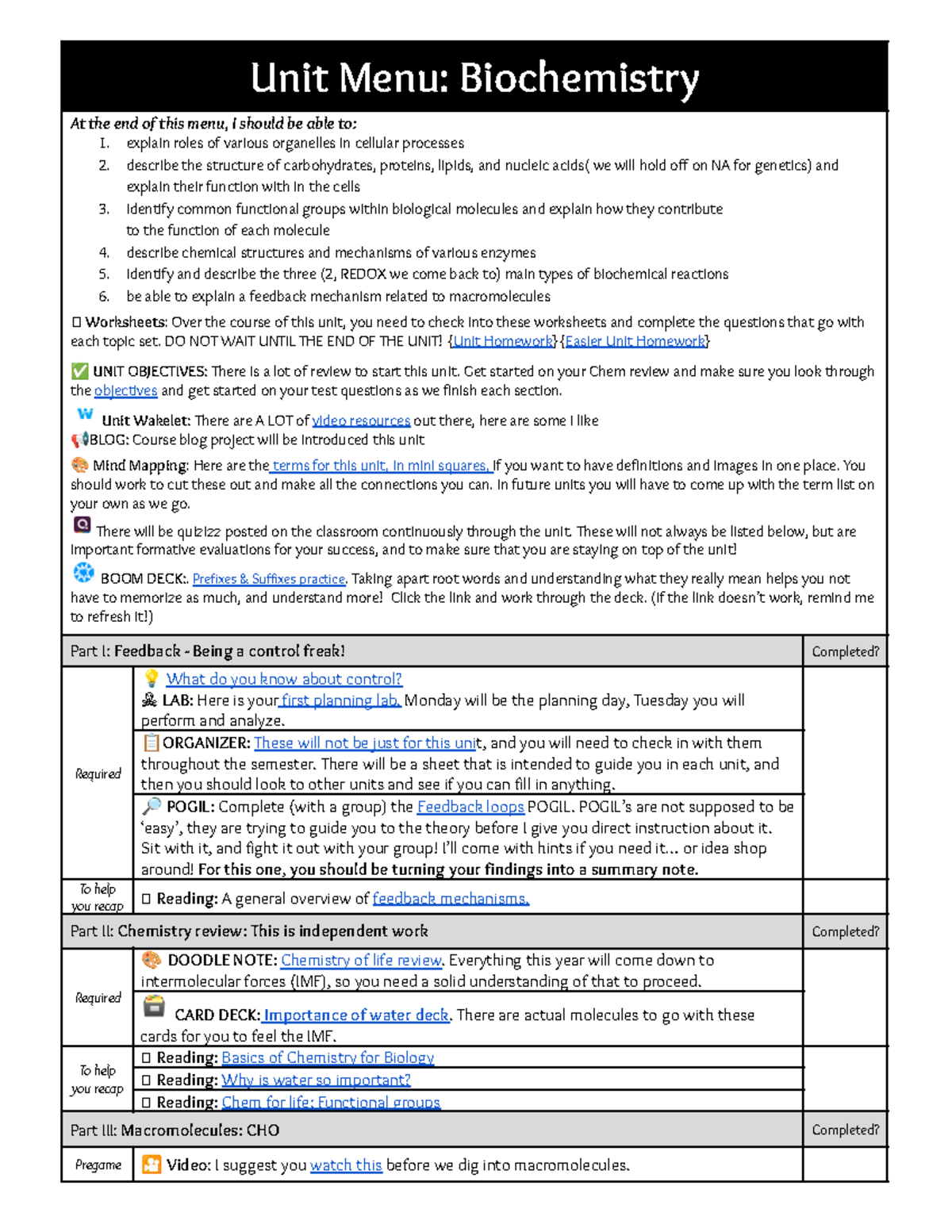 Unit 1: Biochemistry Overview and Learning Objectives - Studocu