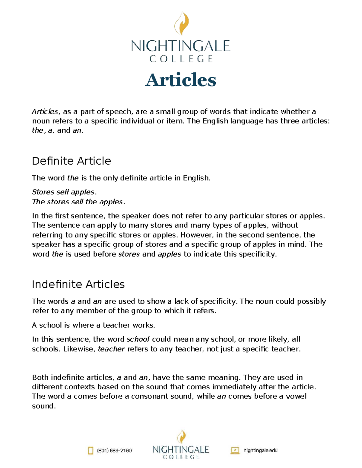 Articles - Notes on Definite and Indefinite Usage - Studocu