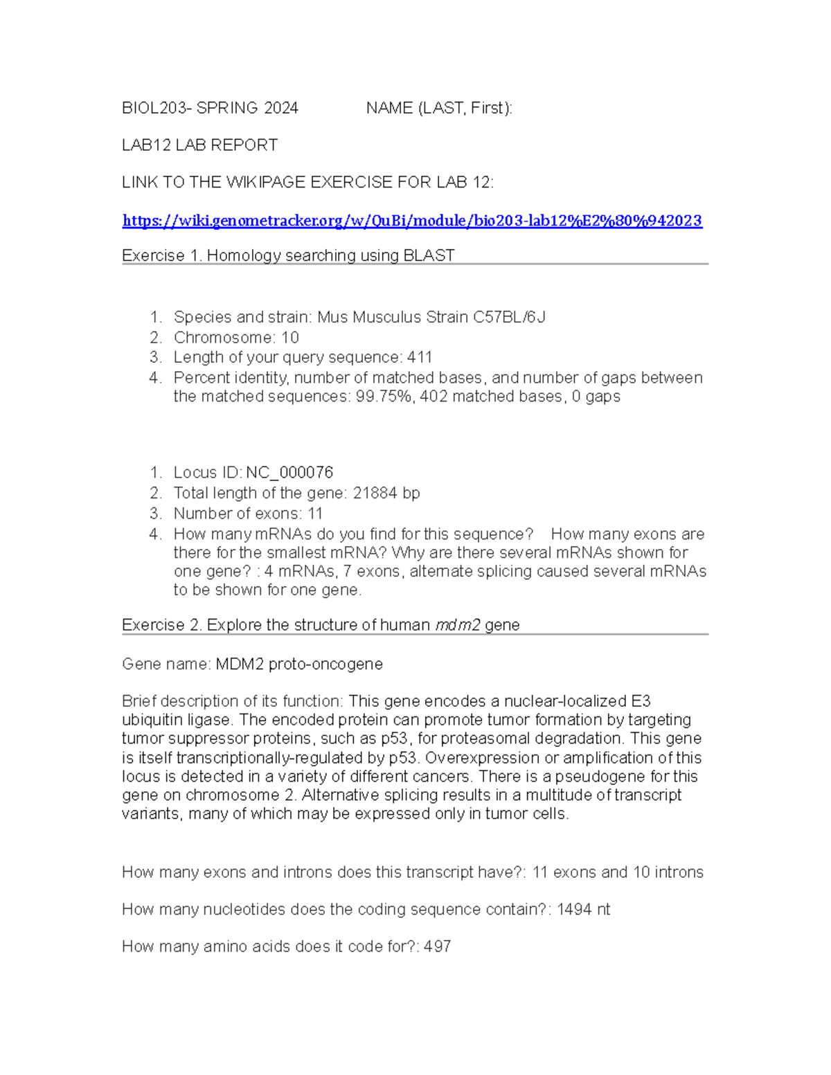 BIOL203-LAB12 - biol 203 lab report 12 - BIOL203- SPRING 2024 NAME ...