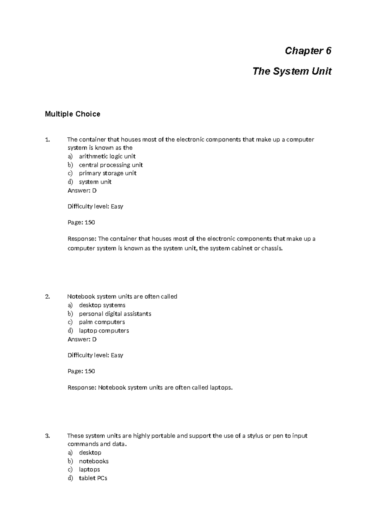Ch6 - Multiple Choice Questions on System Unit Components - Studocu