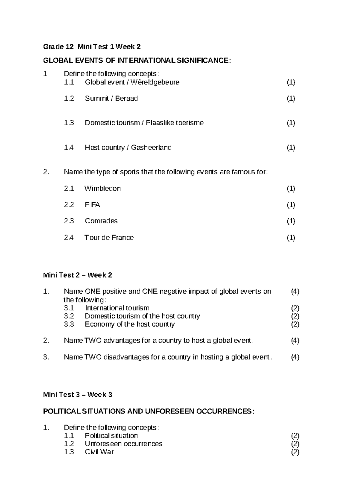 Grade 12 FET Mini Test: Global Events & Political Situations - Studocu