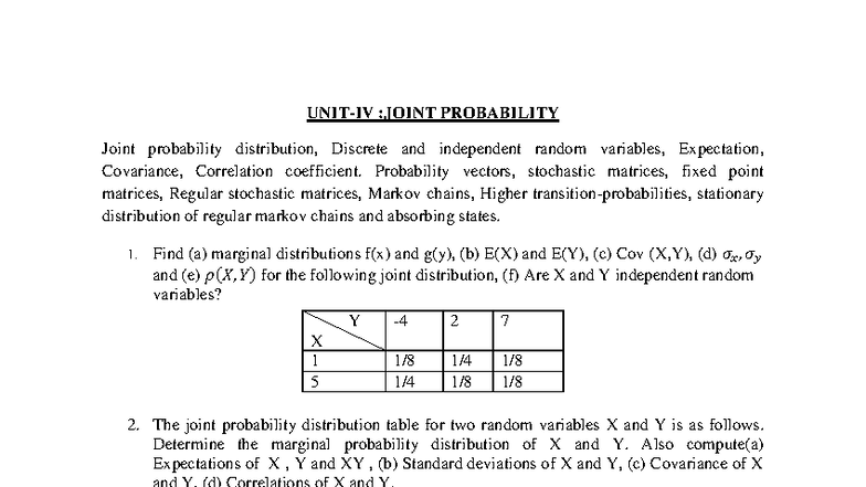 Joint Probability Distribution and Markov Chains: UNIT-IV Study Guide - Studocu