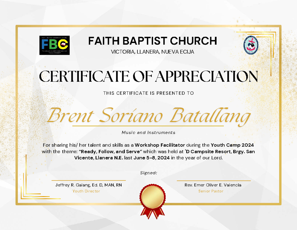 Youth Camp 2024 Certificates of Appreciation - FAITH BAPTIST CHURCH ...