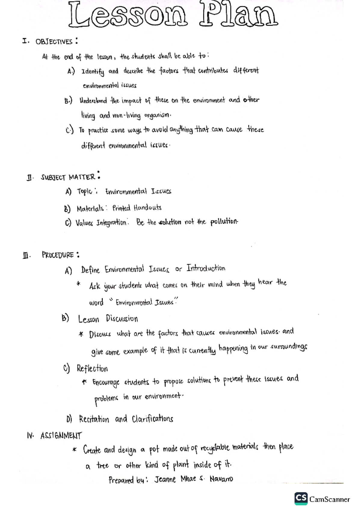 Lesson PLAN AND Documentation - Lesson Plan I. OBJECTIVES: At the end ...