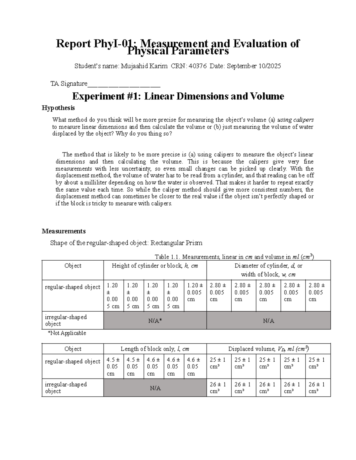 Measurements Lab Report: Evaluation of Volume Methods (PHYS 1) - Studocu