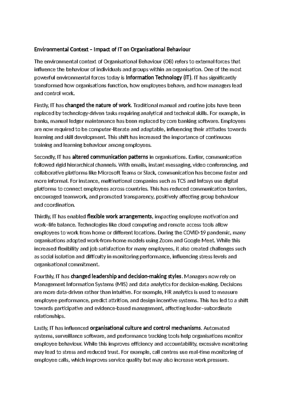 OB 101: Comprehensive Notes on Organisational Behaviour for Study - Studocu