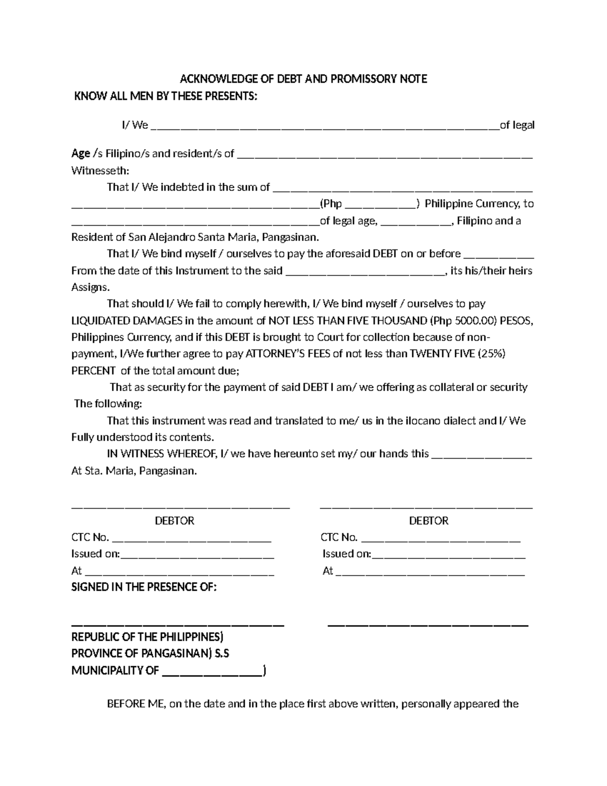 ACKNOWLEDGMENT OF DEBT & PROMISSORY NOTE SAMPLE DOCUMENT - Studocu