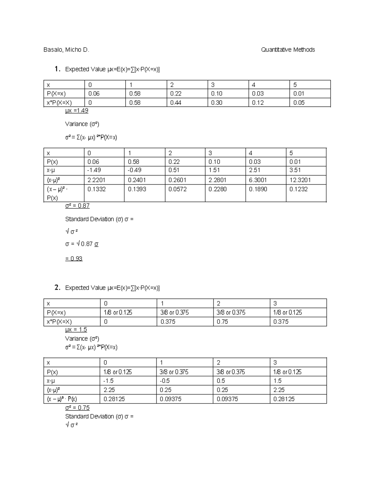 Quantitative Methods - Activity 3 Analysis and Calculations - Studocu