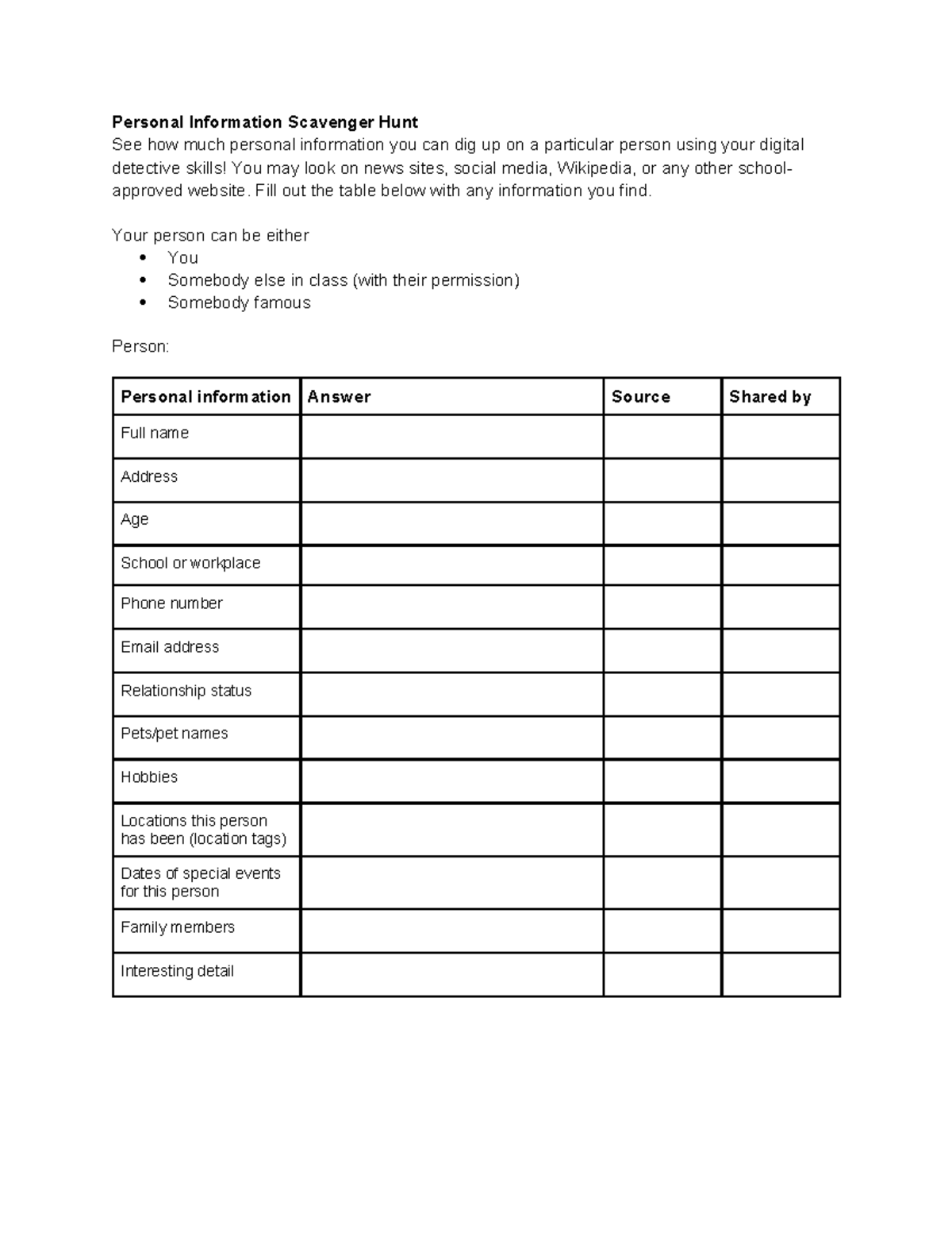 Personal Information Scavenger Hunt Activity Guide - Studocu