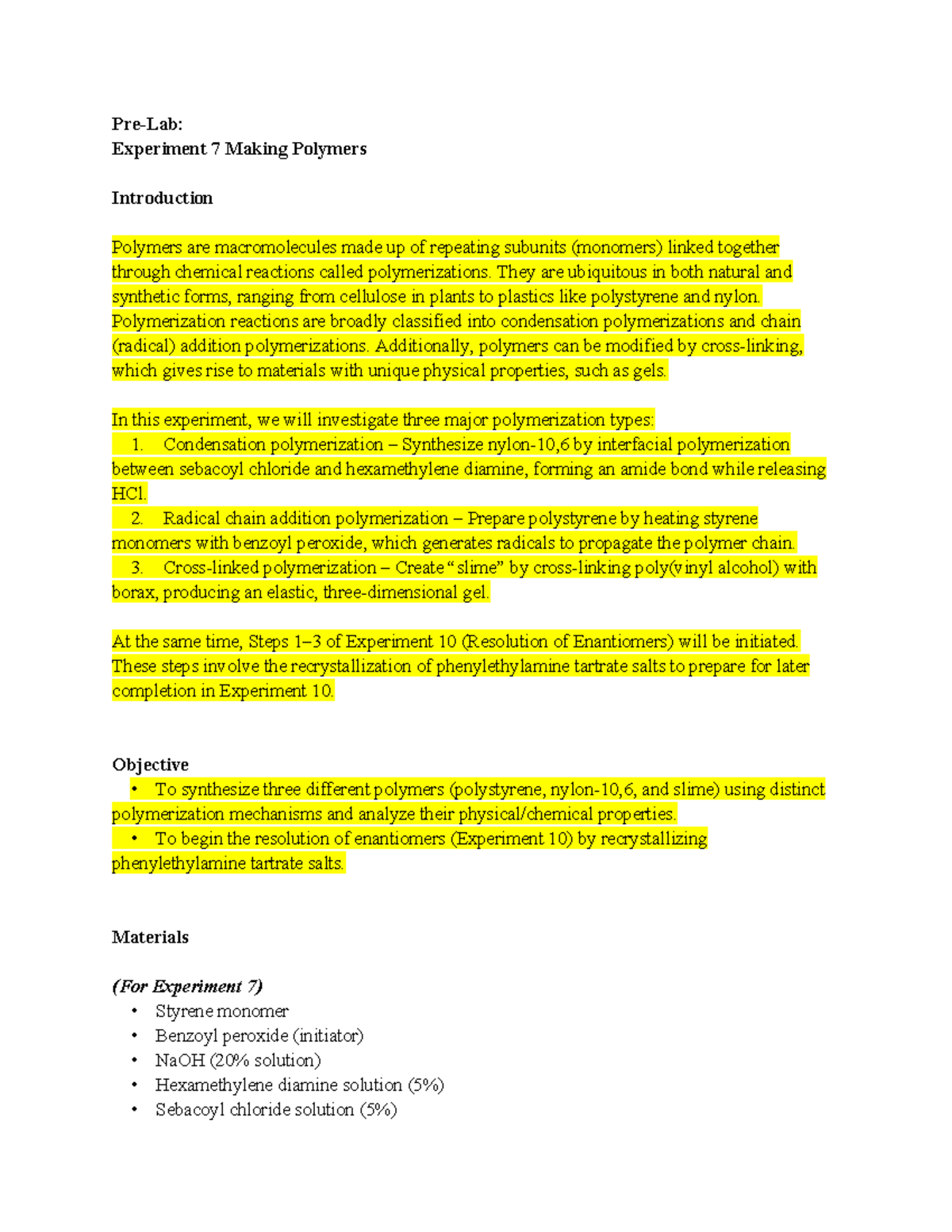 Pre-Lab Experiment 7: Synthesis of Polymers and Enantiomer Resolution - Studocu