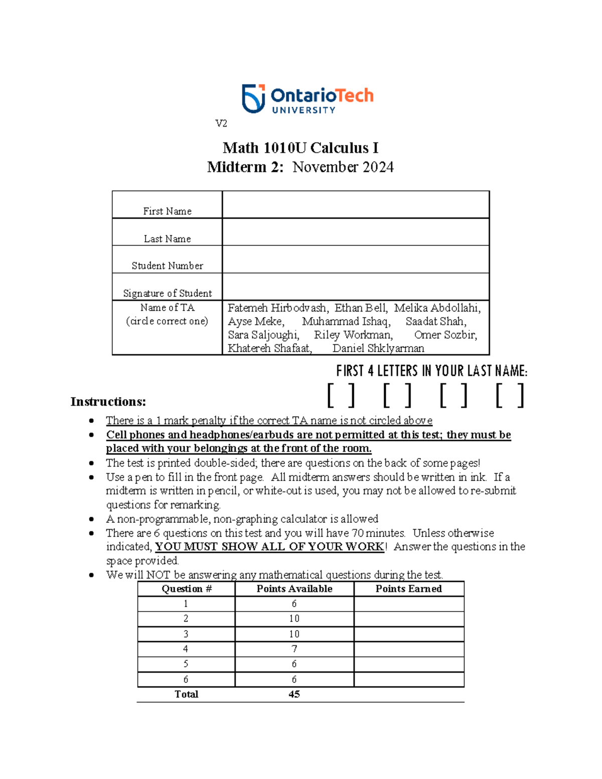 Math 1010U Midterm 2 Exam Solutions - November 2024 - Studocu