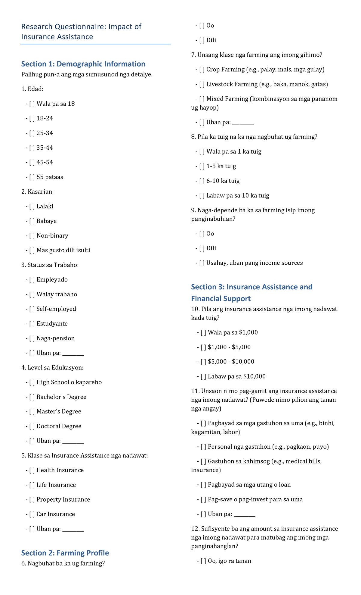 Impact of Insurance Assistance Questionnaire Bisaya - Research Questionnaire: Impact of ...