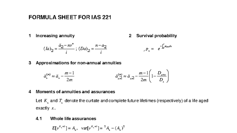 Formula Sheet for IAS 221: Annuities and Assurances Concepts - Studocu