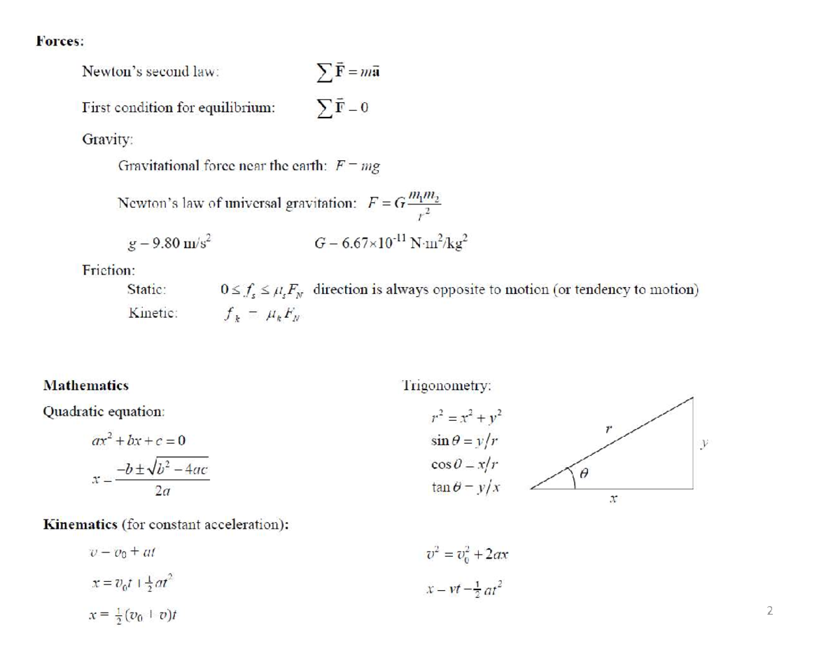 Formula sheet - .... - Phys 115.3 - Forces: second law: Z First ...