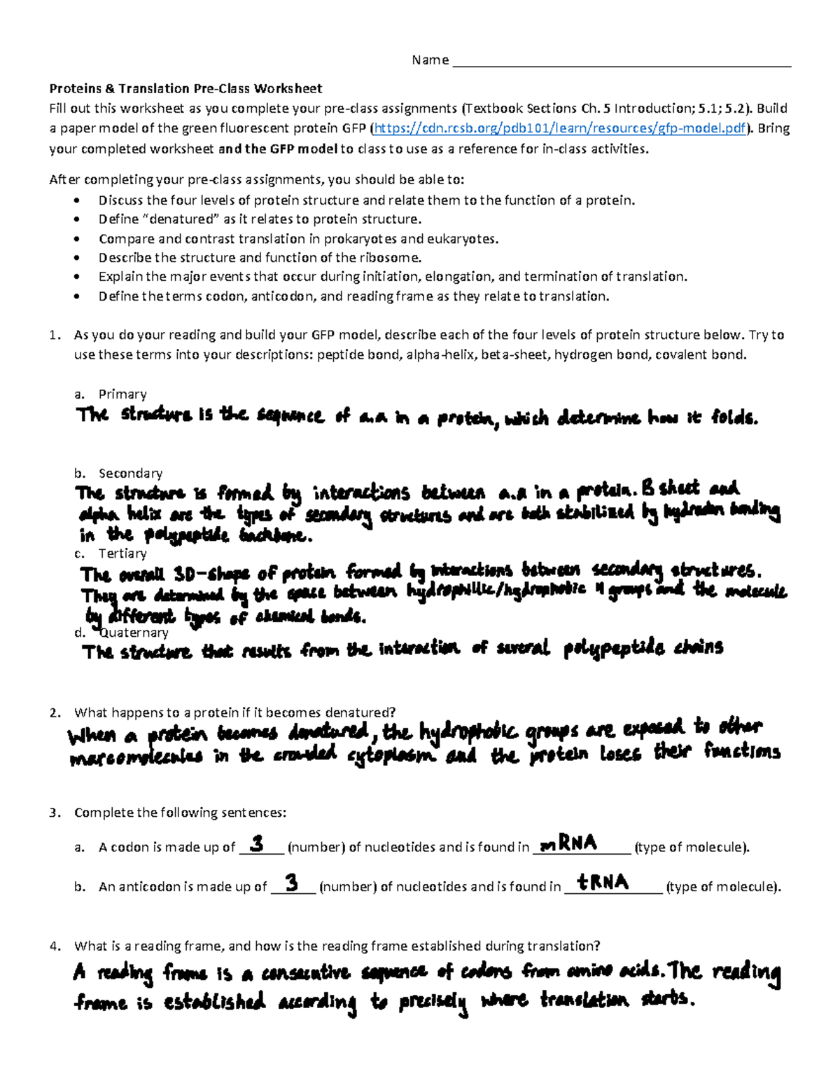 Week 6a Pre-Class Reading Guide: Proteins Translation Worksheet - Studocu