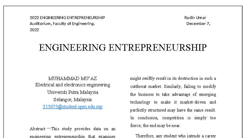2022 Engineering Entrepreneurship Lecture Notes by Radin Umar - Studocu