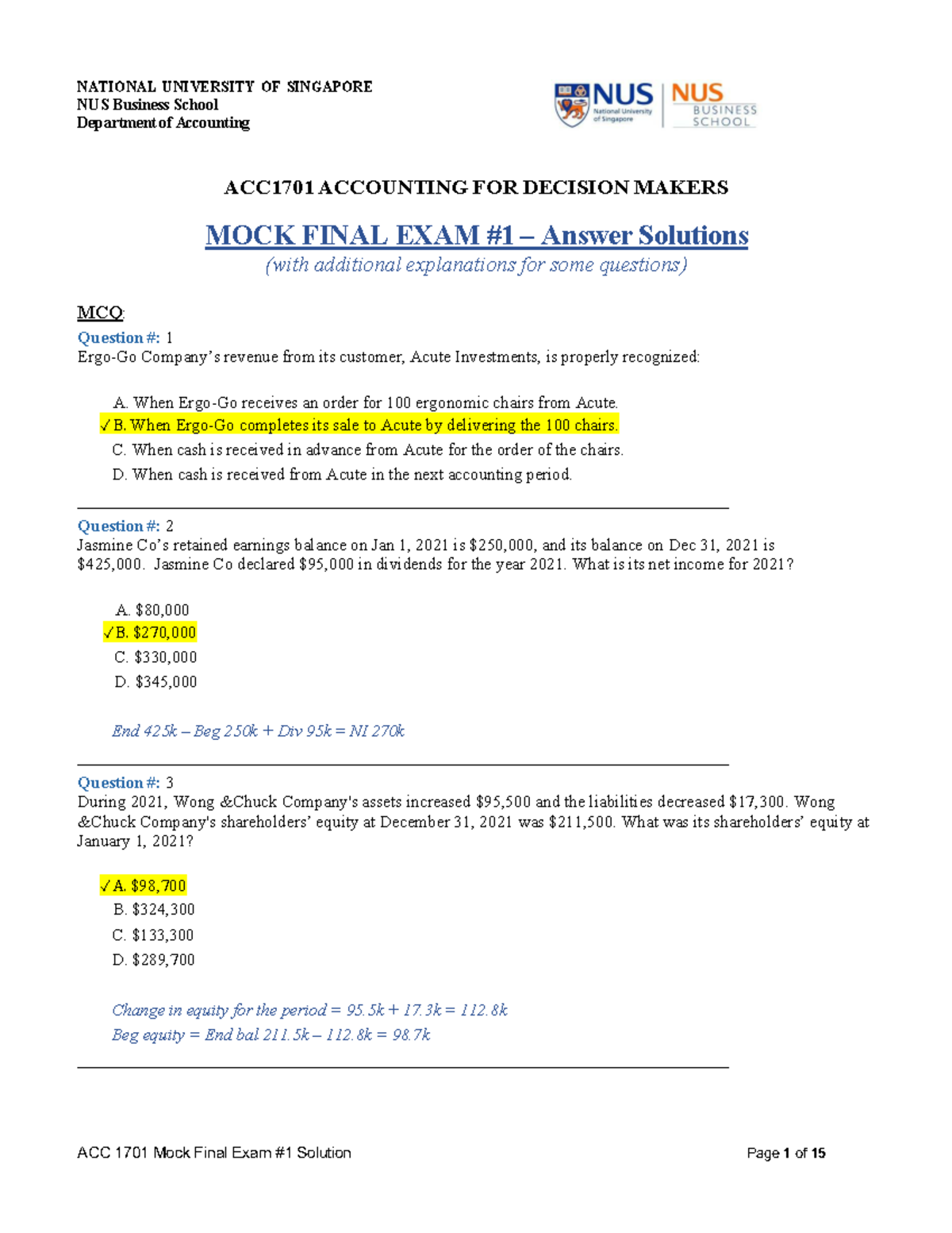 ACC1701 Mock Final Exam 1 Answer Solutions with Explanations - Studocu