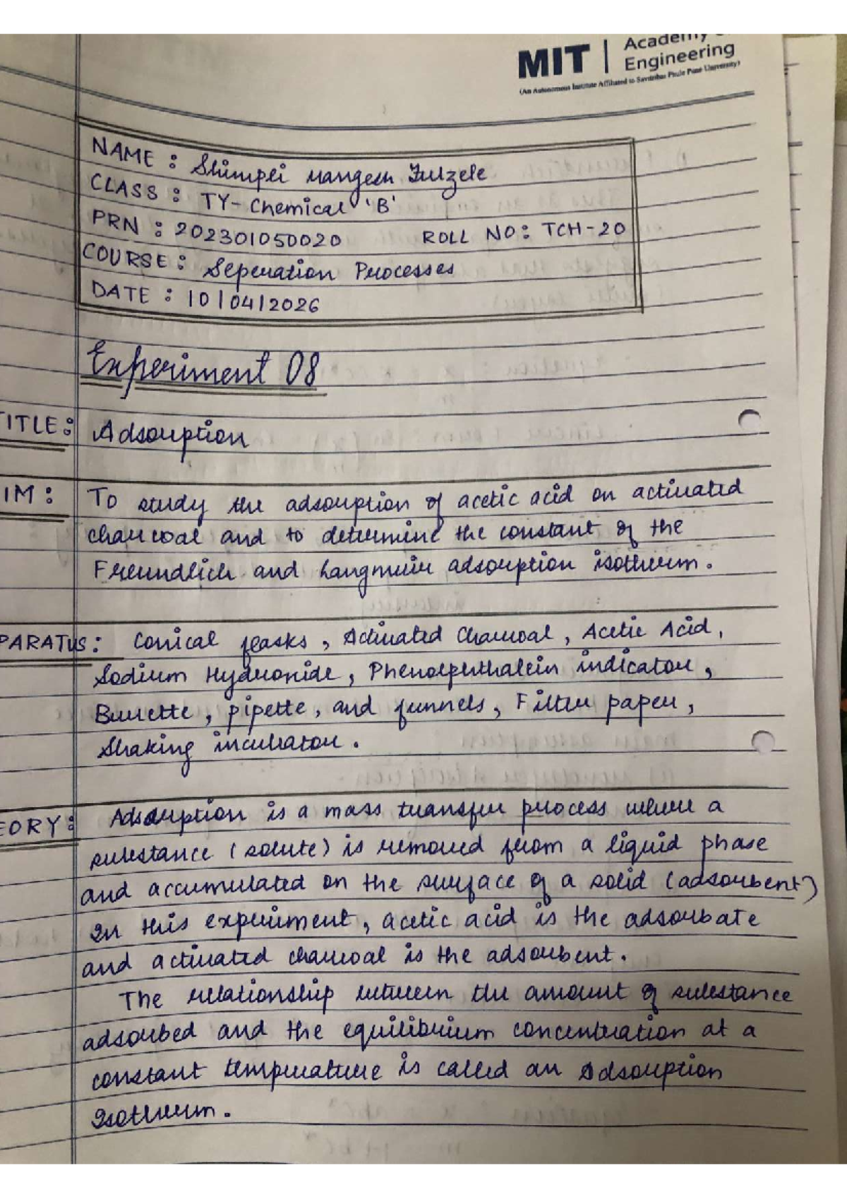 Adsorption Experiment Report - Separation Processes (CHEM 2023) - Studocu