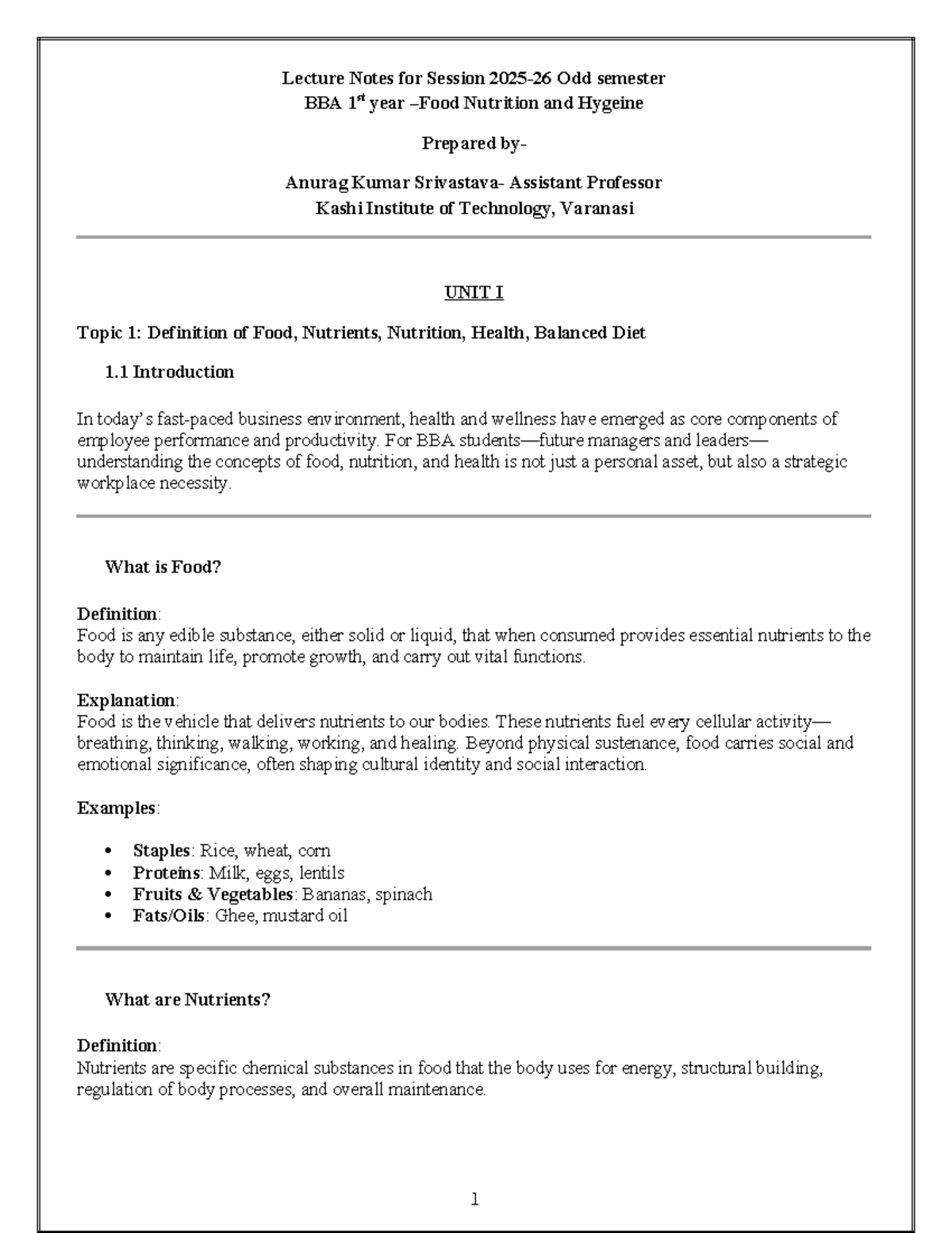 Food and Nutrition Detailed Lecture Notes for BBA 1st Year - Studocu