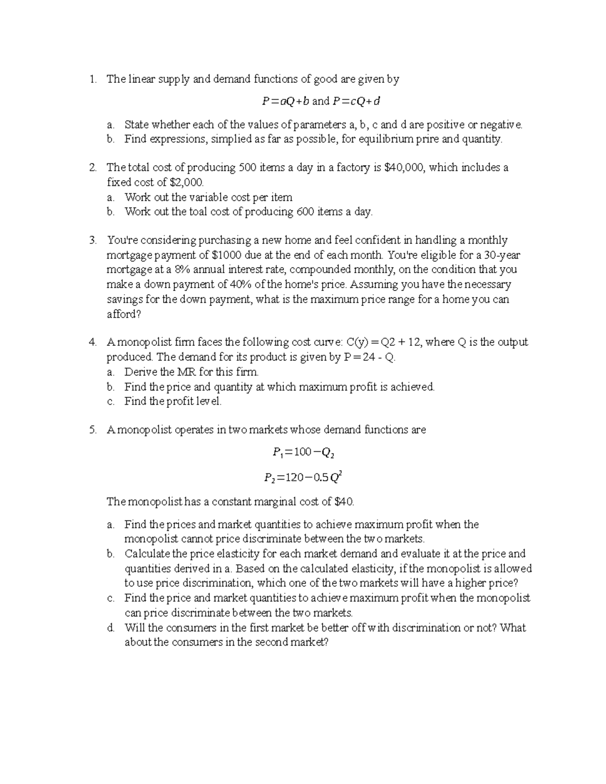 Practice Problems 1-4 - The linear supply and demand functions of good ...