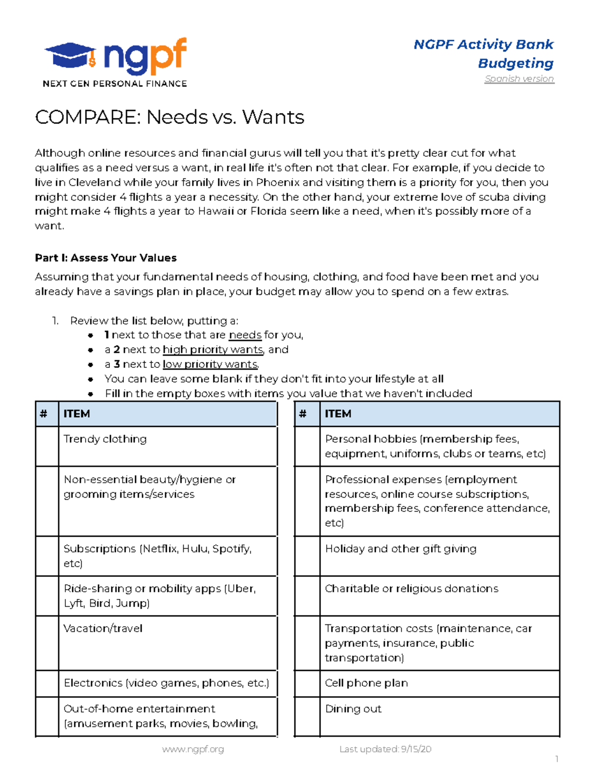 NGPF Activity Bank: Budgeting Needs vs. Wants (Spanish Version) - Studocu
