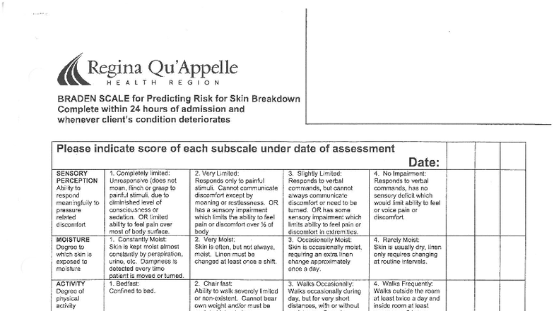 Braden Scale Assessment for Skin Breakdown Risk - RQHR 661 - Studocu
