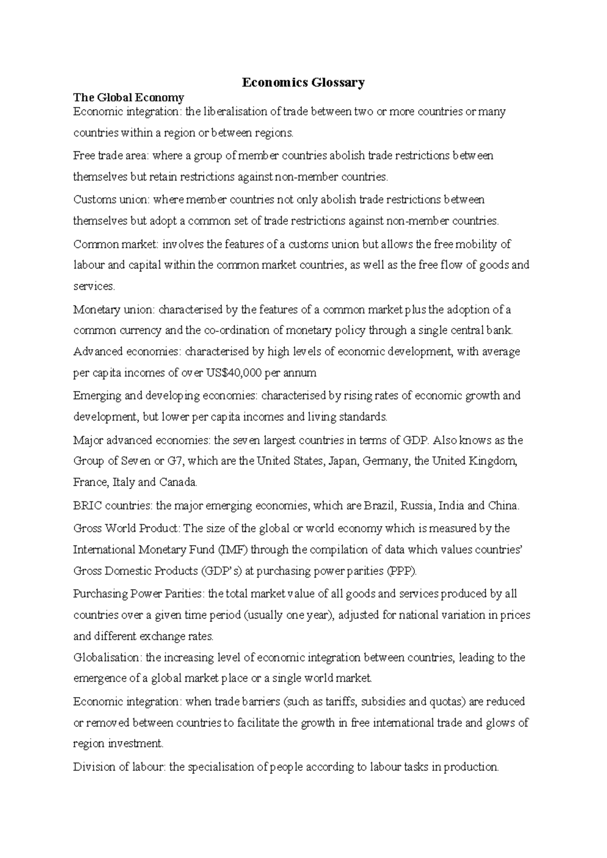 Economics Glossary - Economics Glossary The Global Economy Economic ...