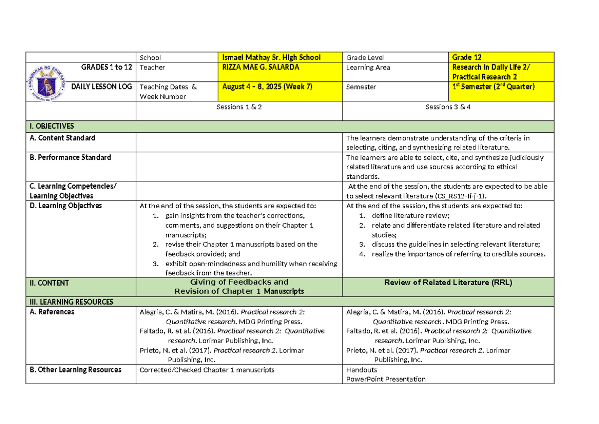 Grade 12 Practical Research 2 Daily Lesson Log (August 4-8, 2025) - Studocu