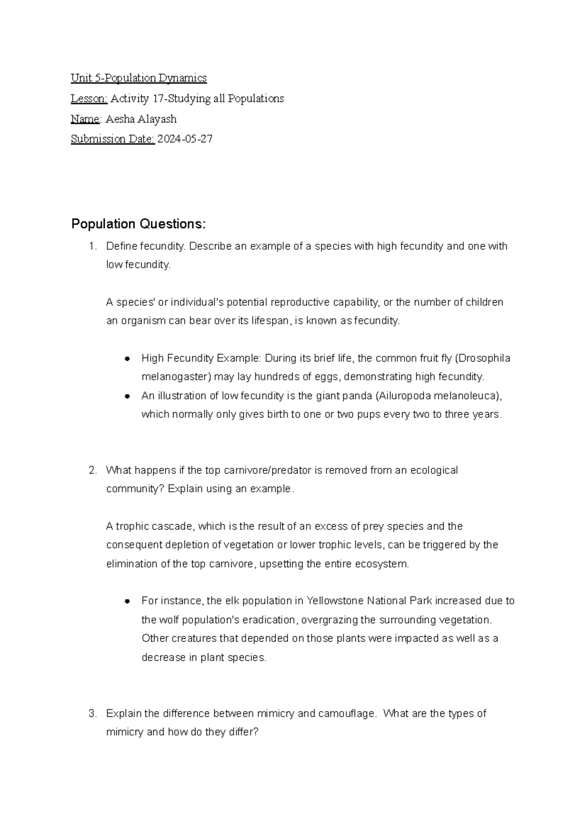 Activity 17: Understanding Population Dynamics in Ecological Systems ...