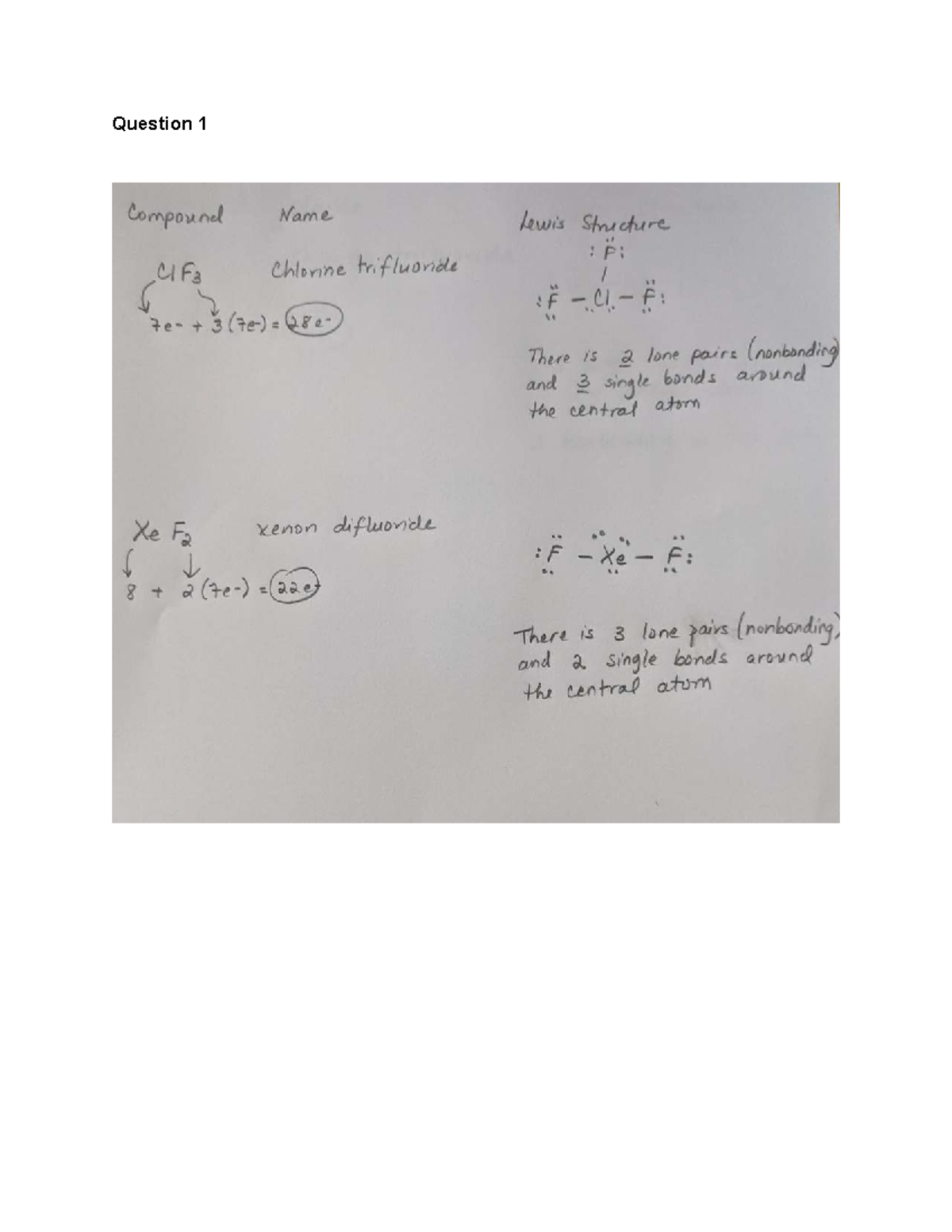 Question 1 - Lewis Structure Analysis for CIF3 and XeF2 - Studocu