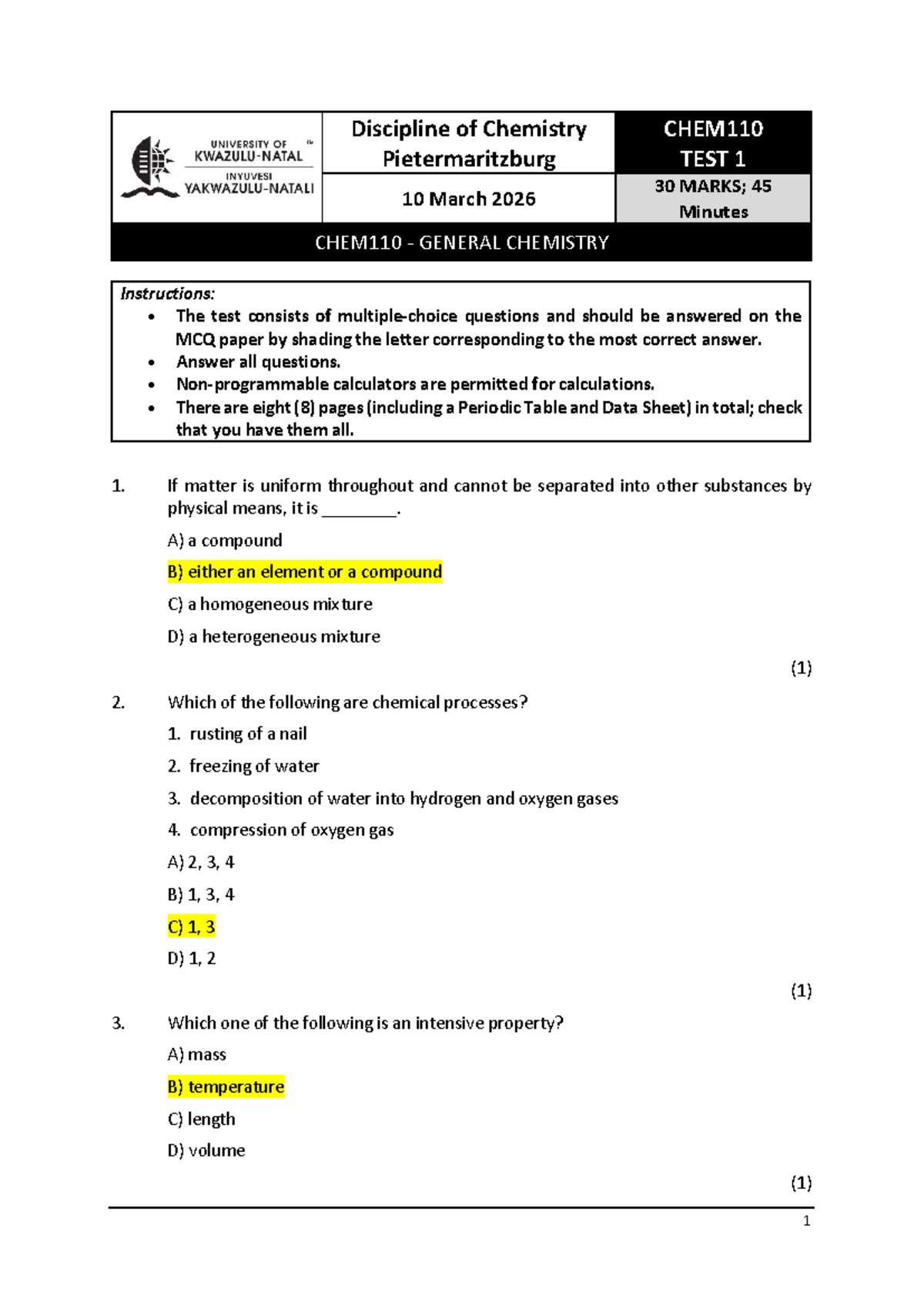 CHEM110: GENERAL CHEMISTRY TEST 1 MEMO, 10 March 2026 - Studocu