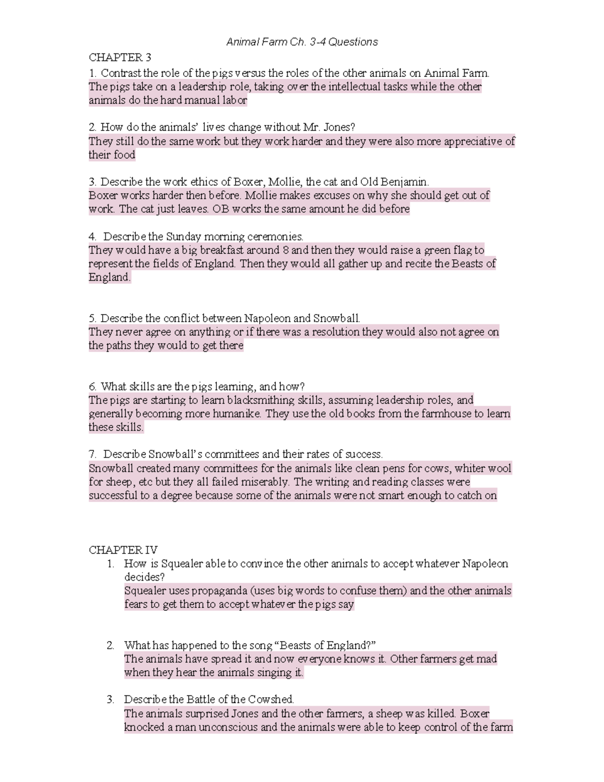 Animal Farm Ch. 3-4 Questions - Animal Farm Ch. 3-4 Questions CHAPTER 3 ...