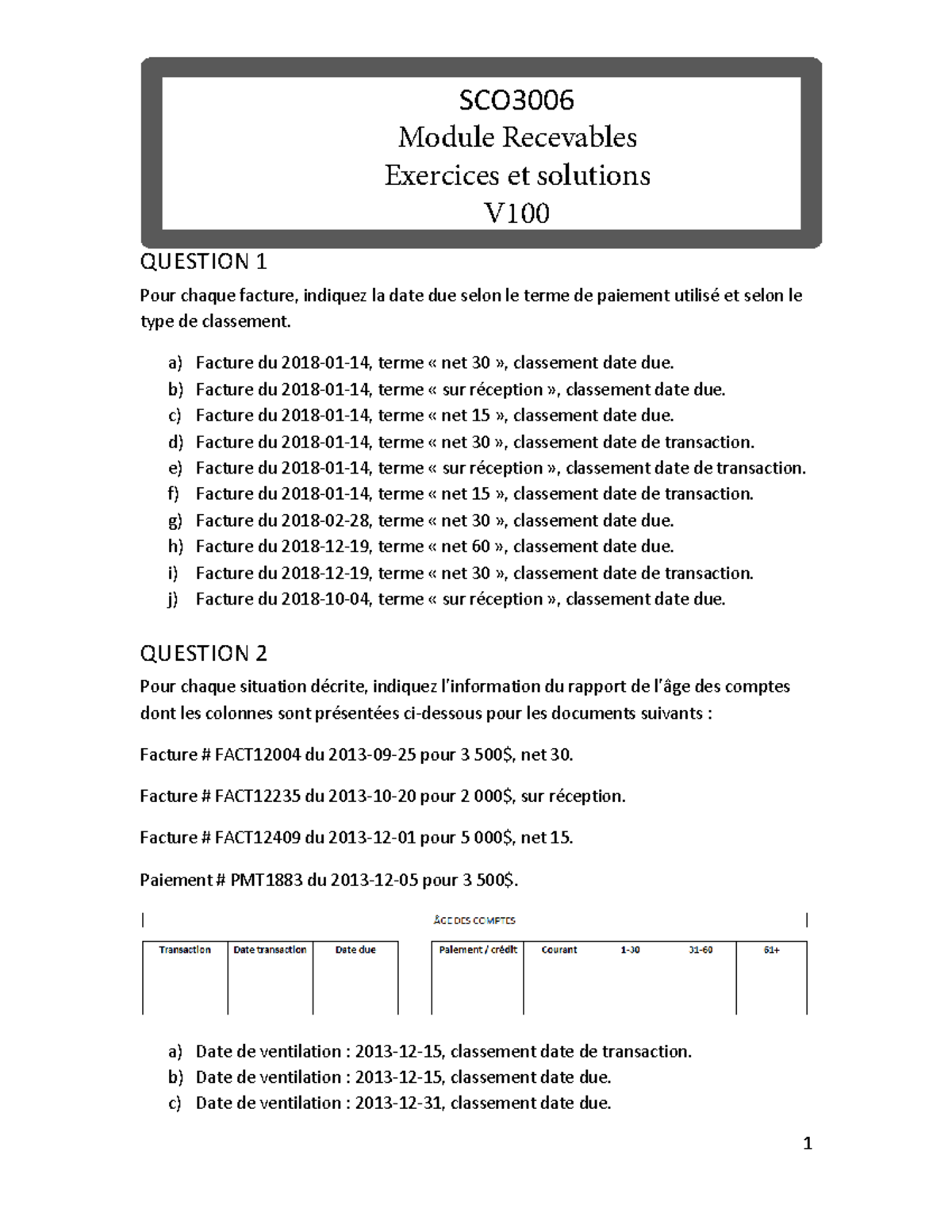 SCO3006 Module Recevables Exercices et Solutions V100 - Studocu
