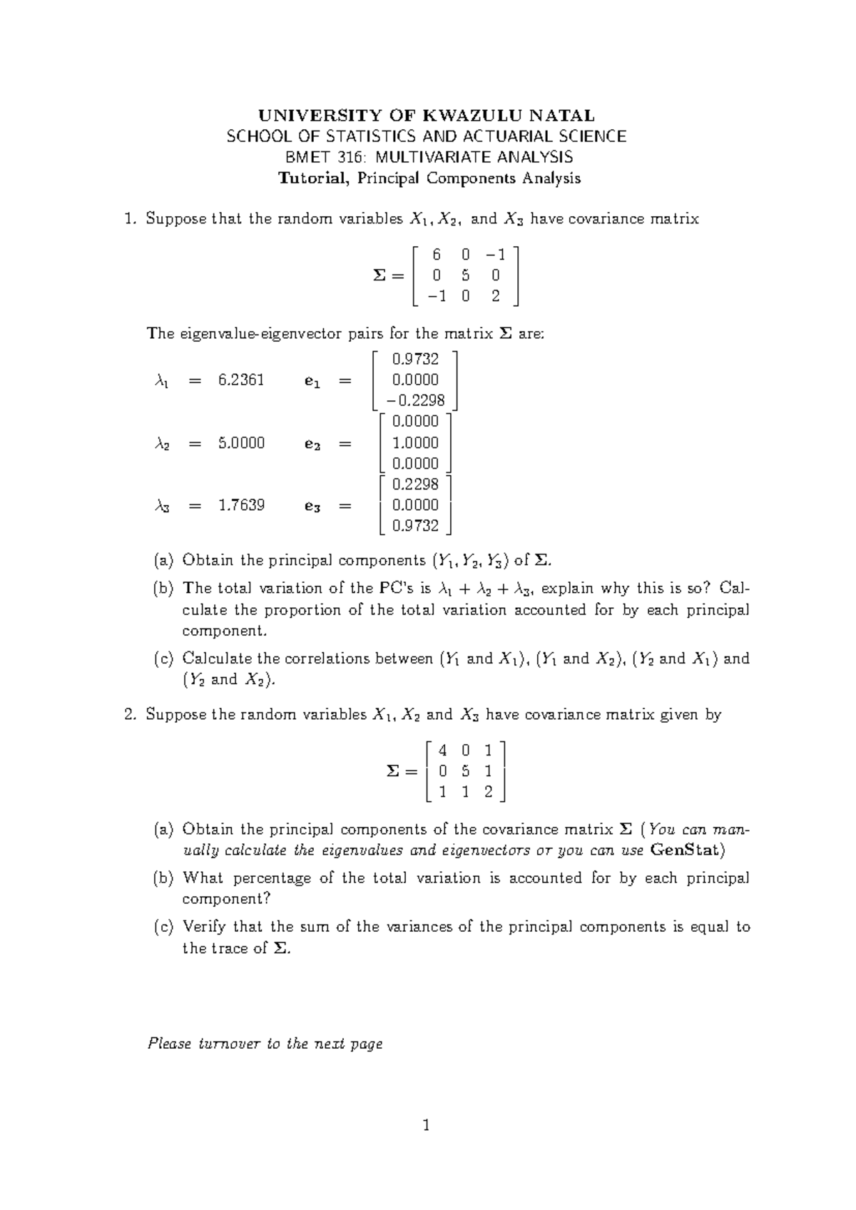 BMET 316: Multivariate Analysis Tutorial on Principal Components - Studocu